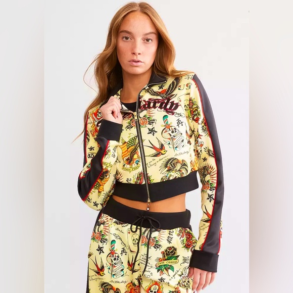 Ed Hardy | Jackets & Coats | Ed Hardy Womens Cropped Zip Up Aop Tattoo ...